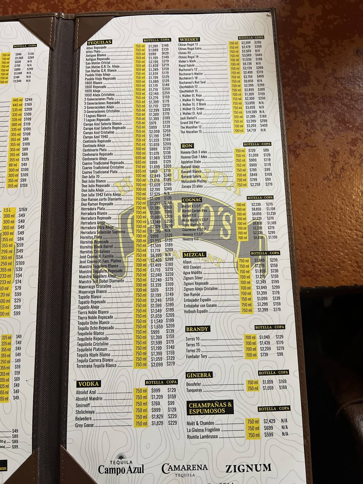Carta del restaurante Hacienda Canelos, Zapopan
