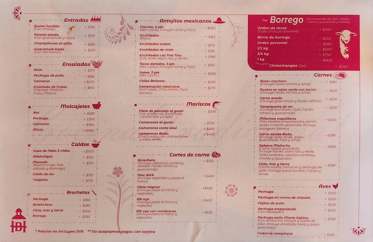 Menu at Hacienda de Badú restaurant, Rosarito