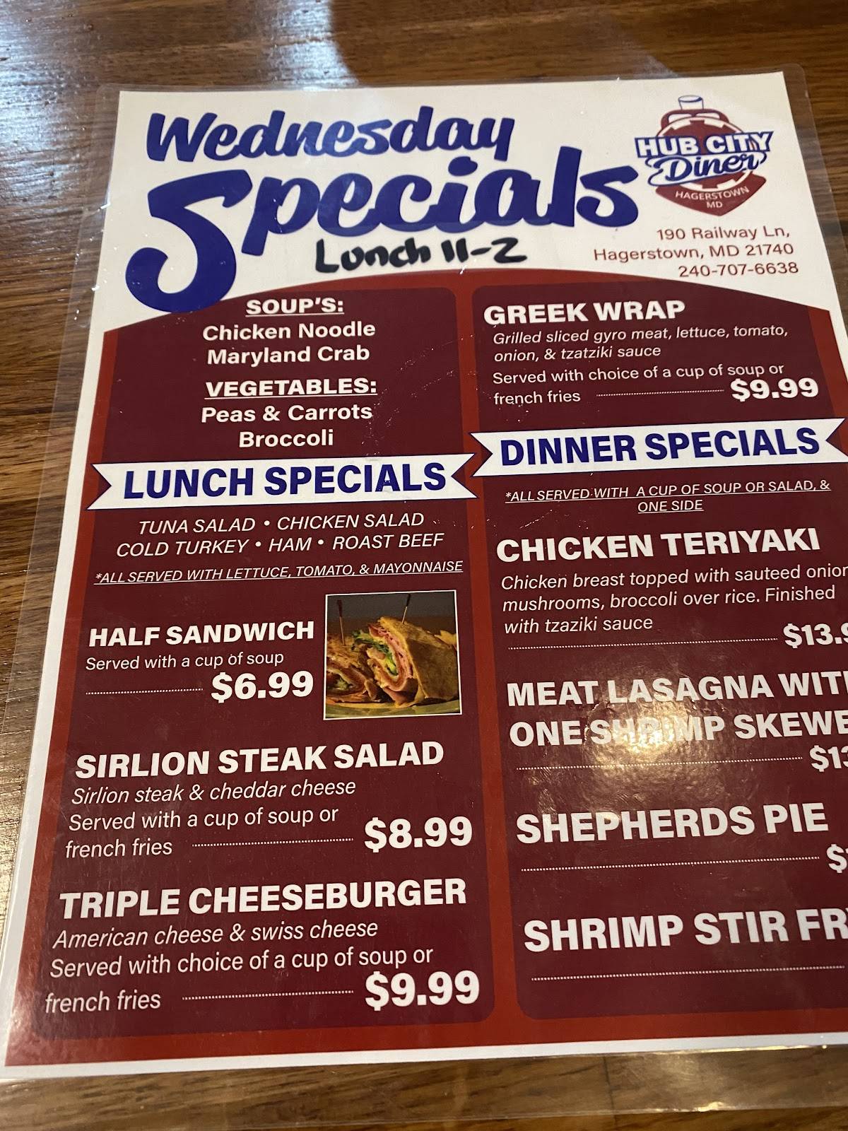 Menu at Hub City Diner restaurant, Hagerstown