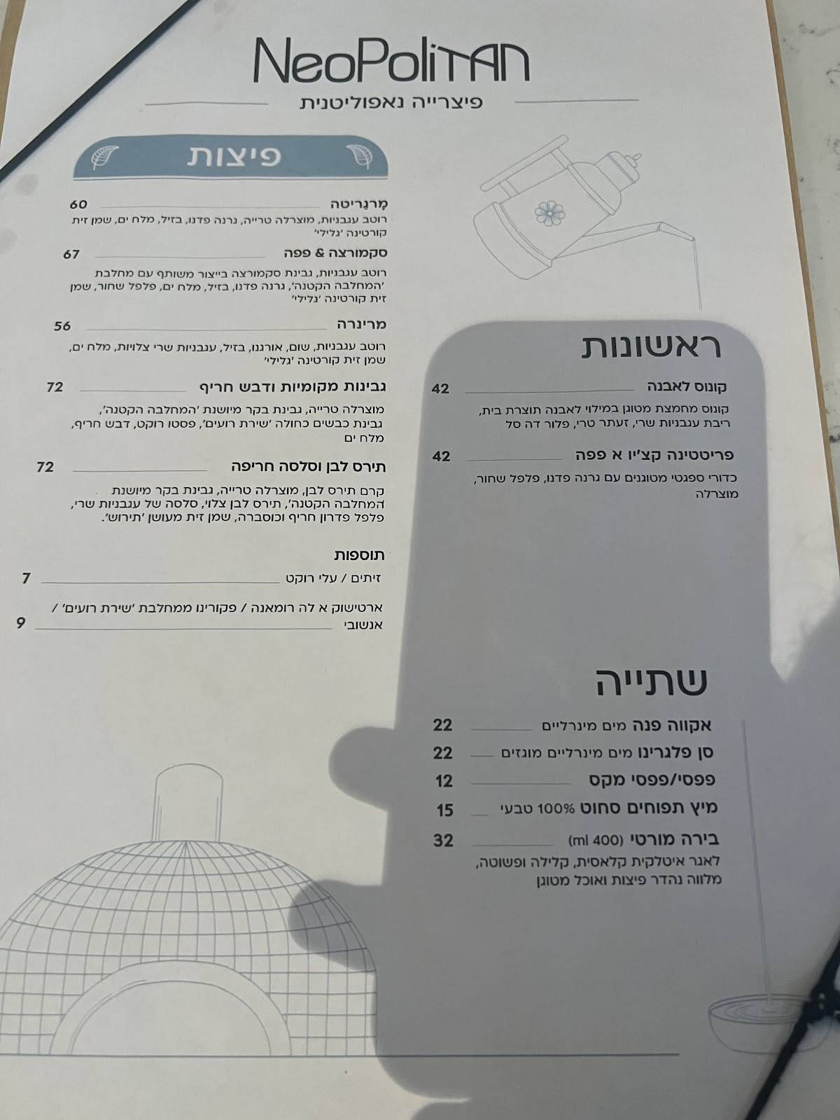 Menu at NeoPolitan restaurant, Haifa