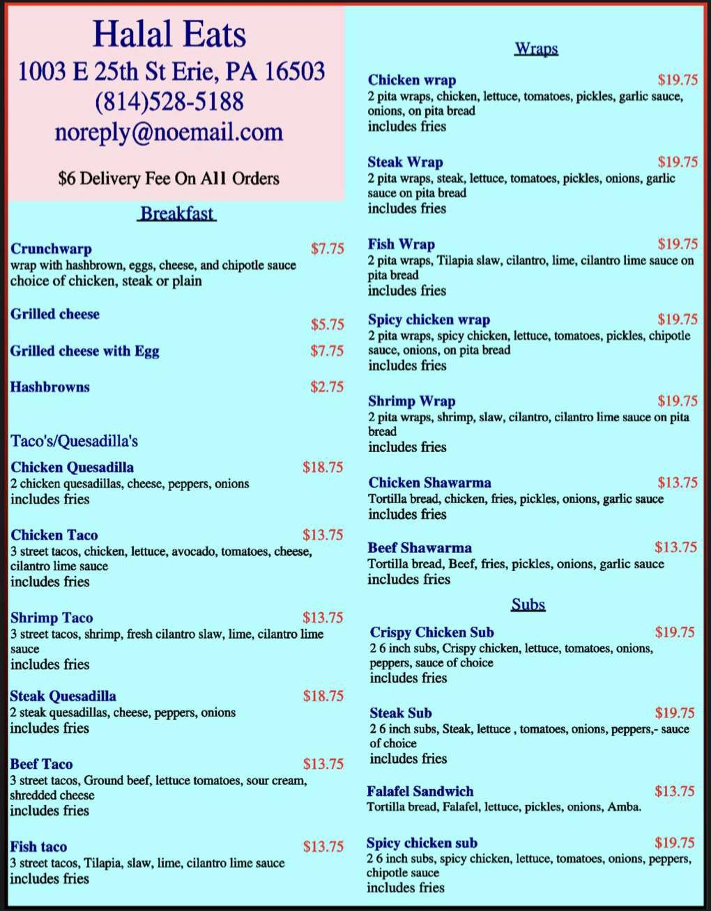 Menu at Halal Eats restaurant, Erie