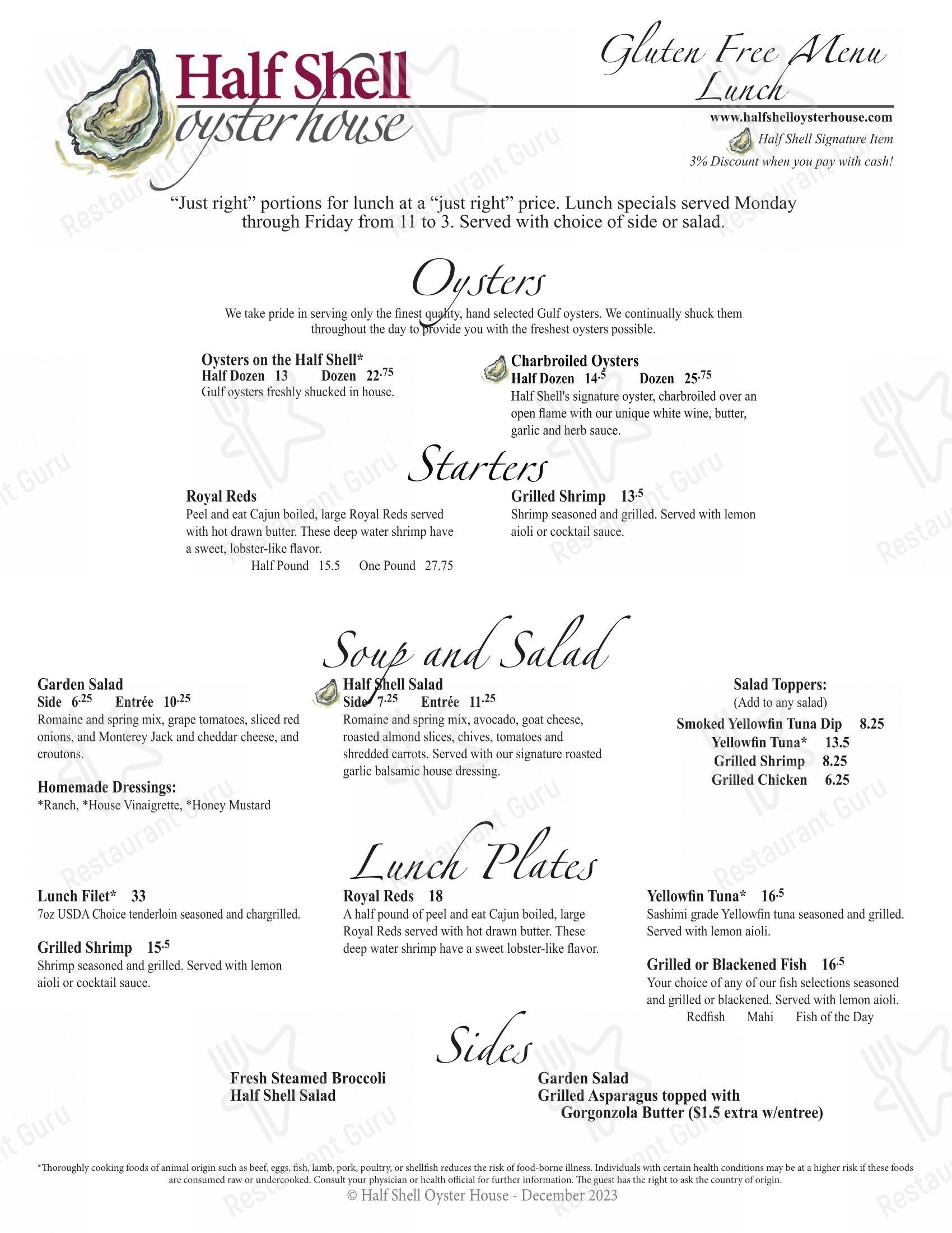 Menu at Half Shell Oyster House restaurant, Gulfport