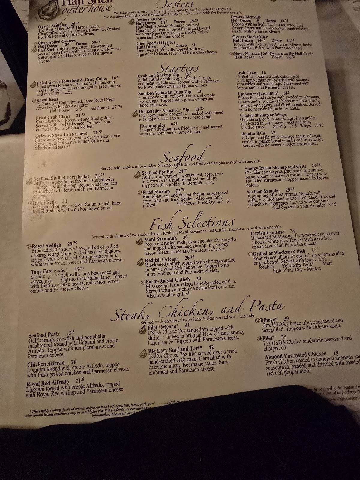 Menu at Half Shell Oyster House restaurant, Gulfport