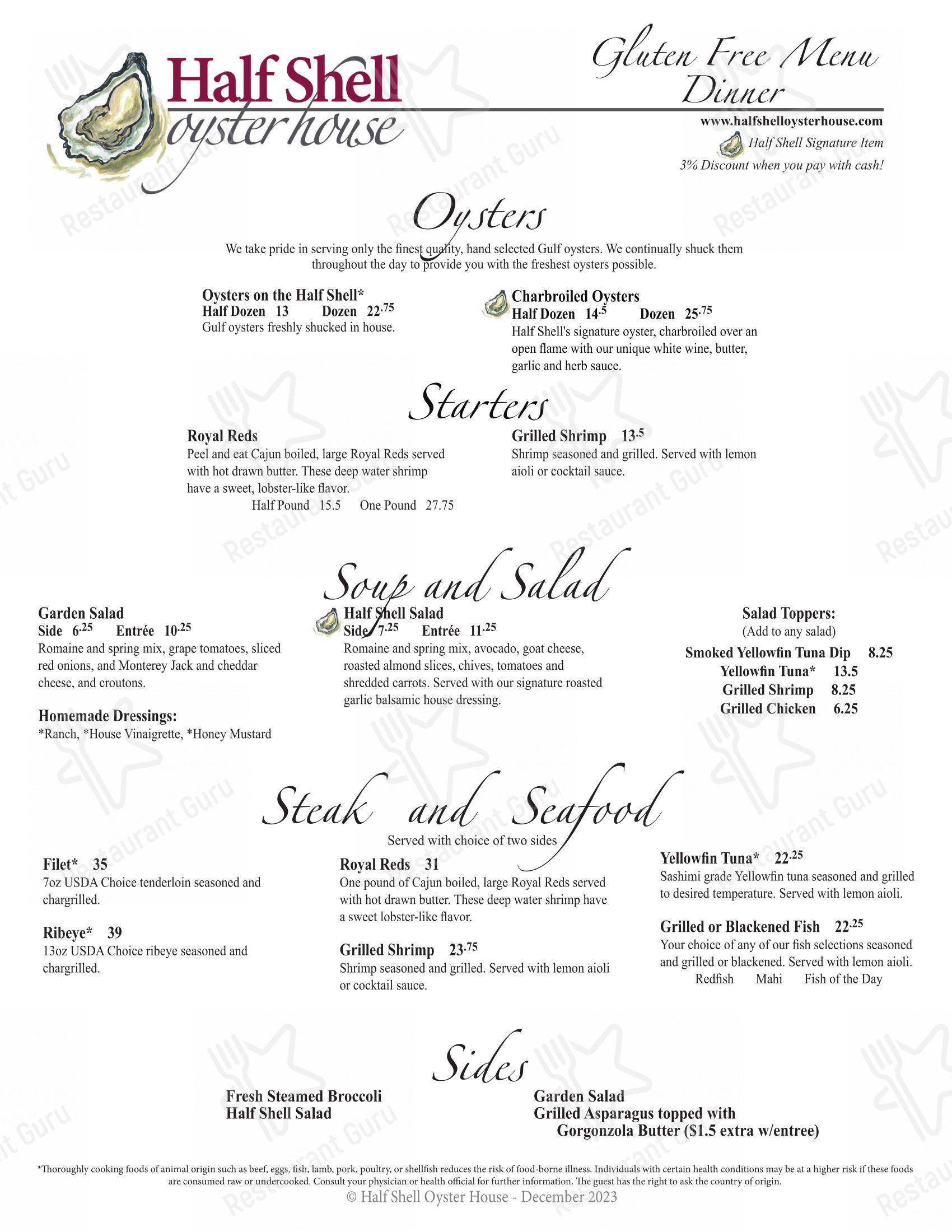 Menu at Half Shell Oyster House restaurant, Gulfport