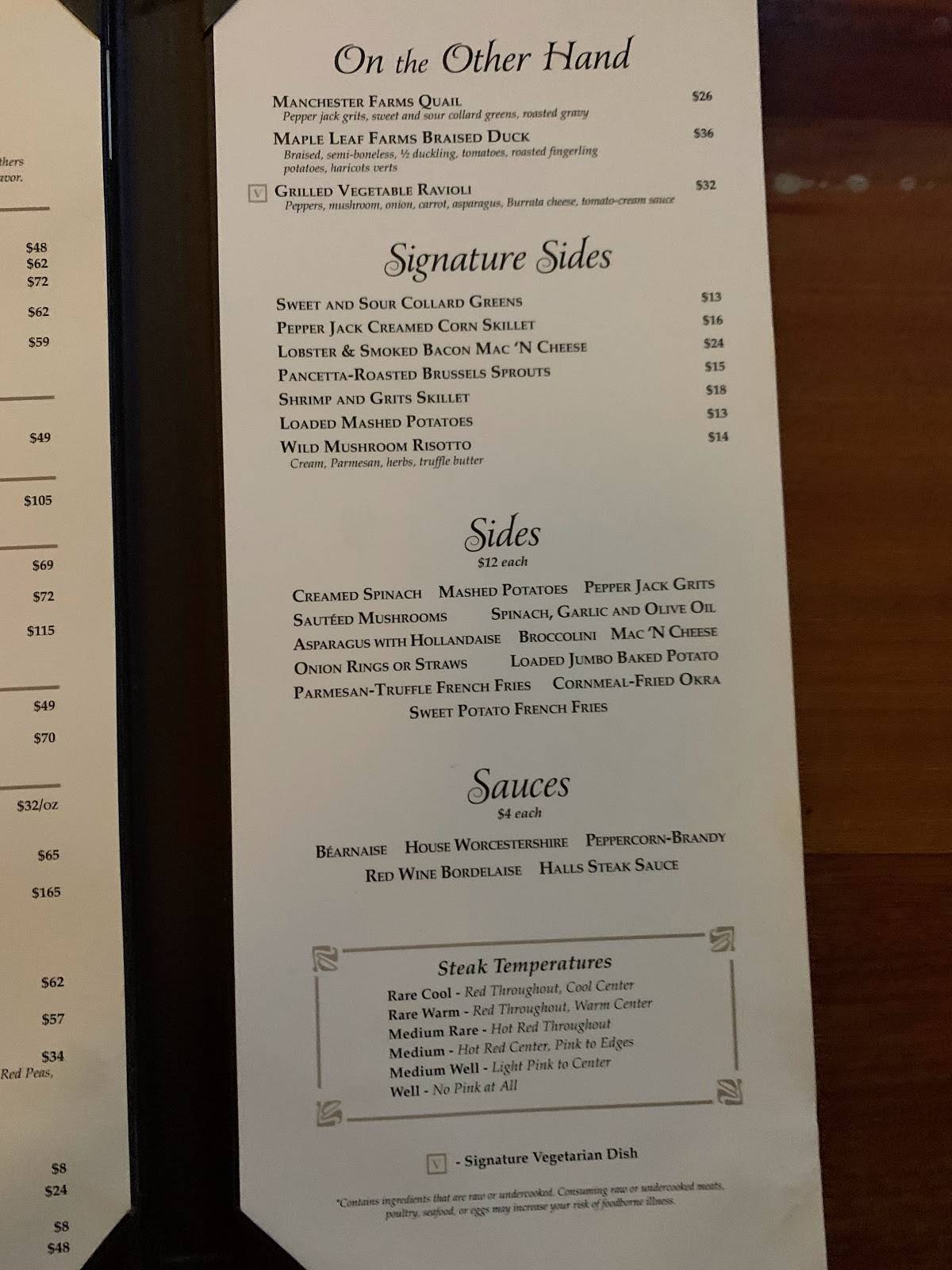 Menu at Halls Chophouse Columbia steakhouse, Columbia