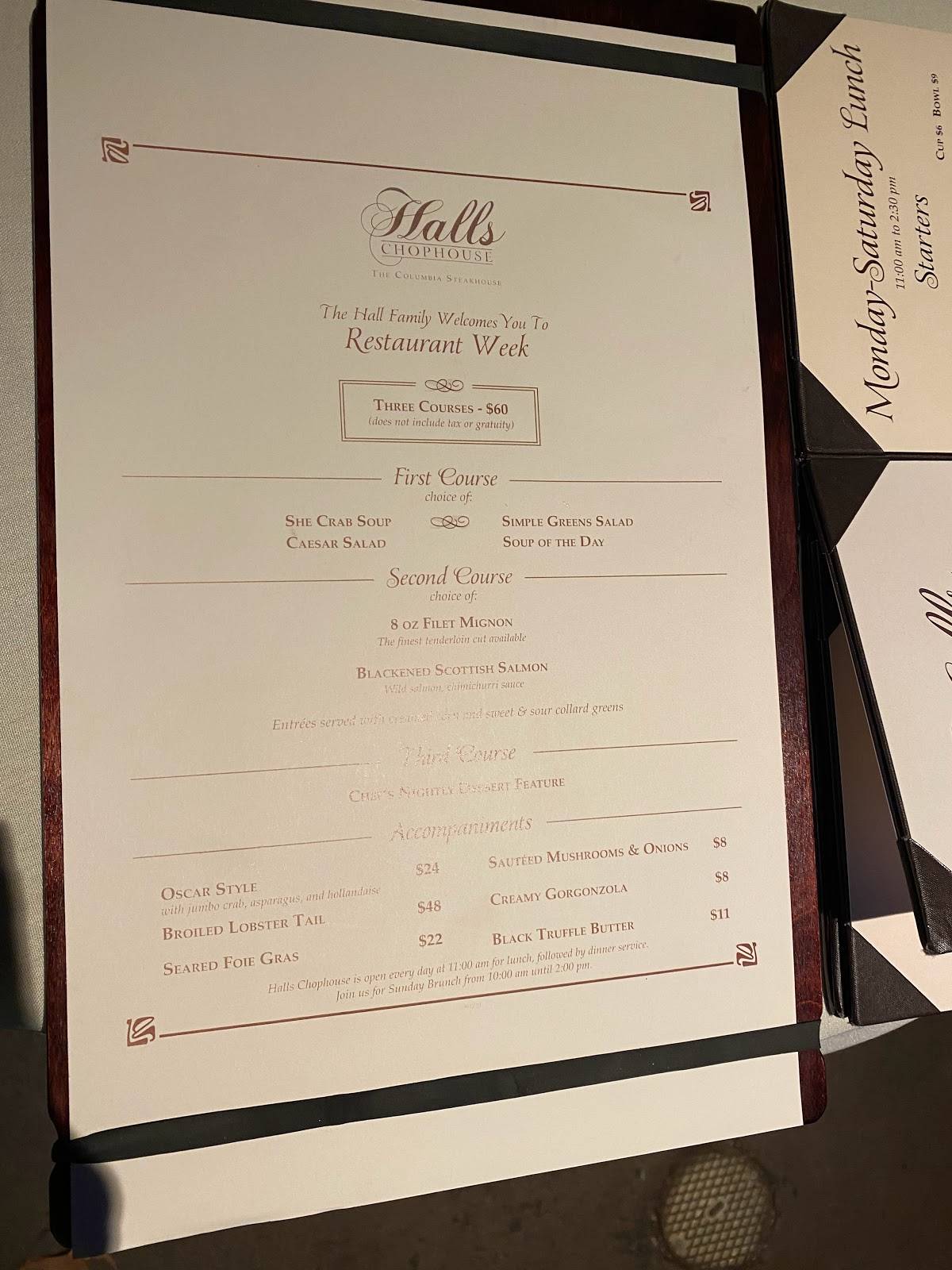 Menu at Halls Chophouse Columbia steakhouse, Columbia