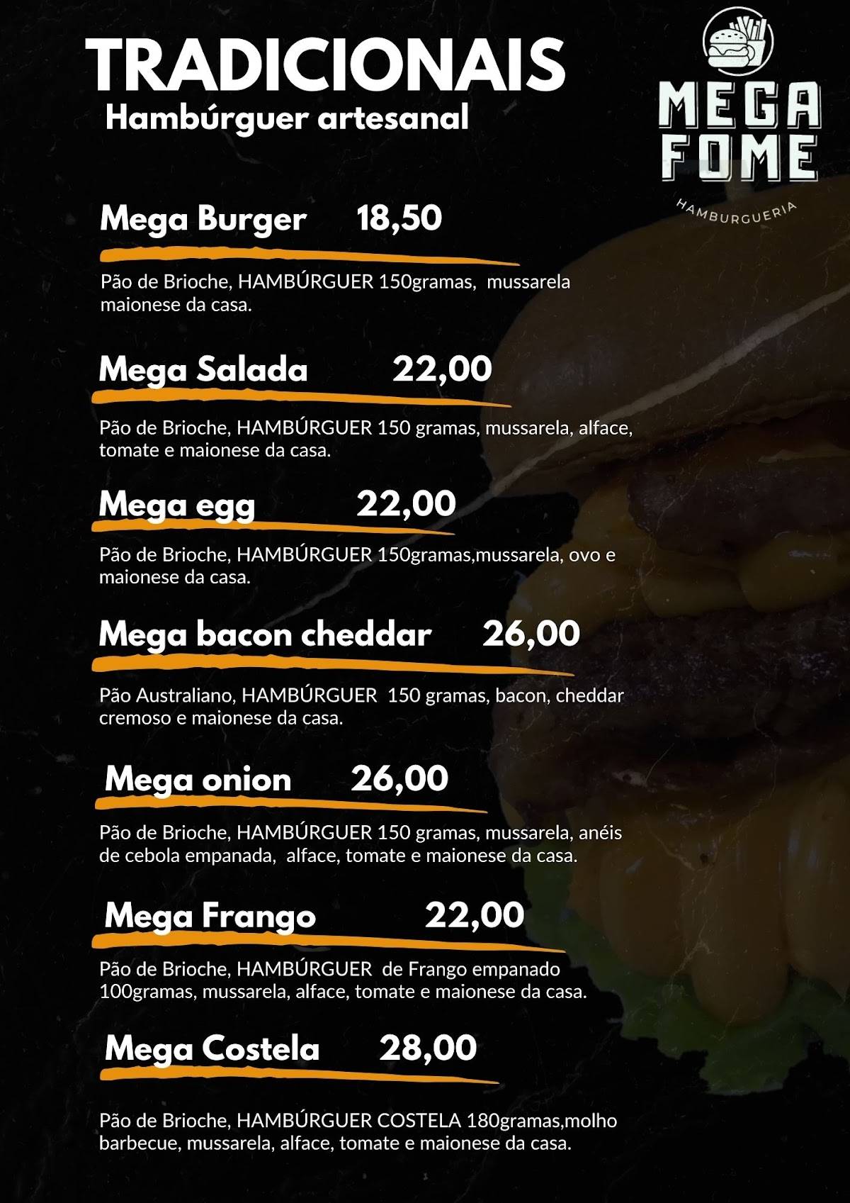 Menu at Hamburgueria Mega Fome restaurant, Brazil