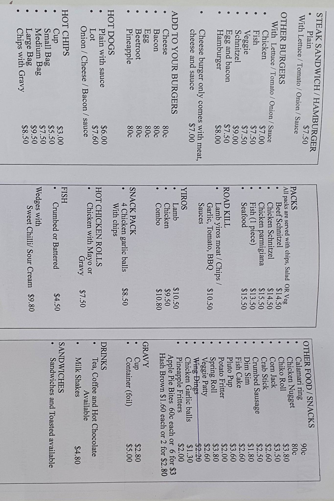 Menu at Hamley Take-Away fast food, Hamley Bridge