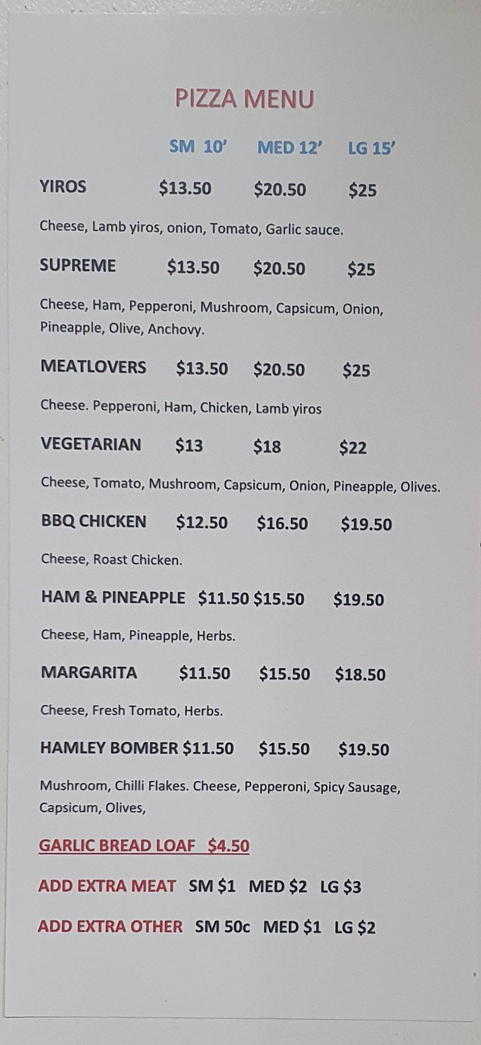 Menu at Hamley Take-Away fast food, Hamley Bridge