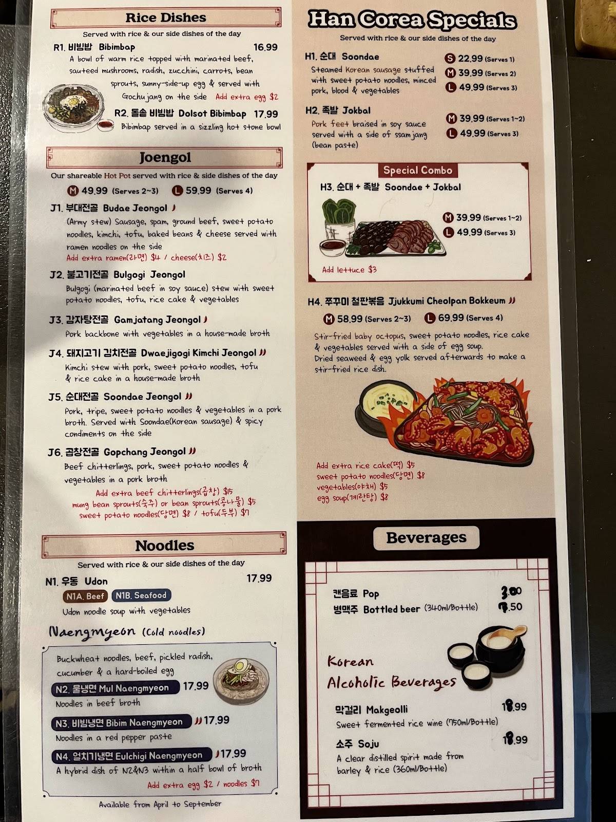 Menu at HAN COREA restaurant, Calgary, Farrell Rd SE