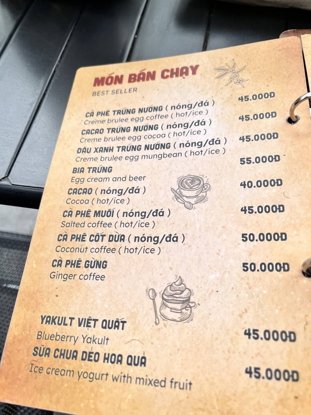 Menu at Vi Anh Coffee cafe, Hanoi