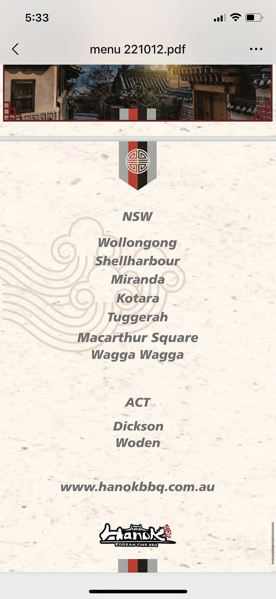 Menu at Hanok Korean BBQ, Campbelltown