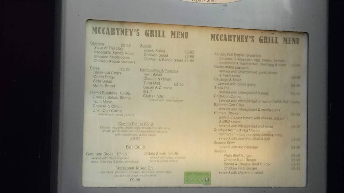 Menu at Hanover Hotel & McCartneys Bar, Liverpool