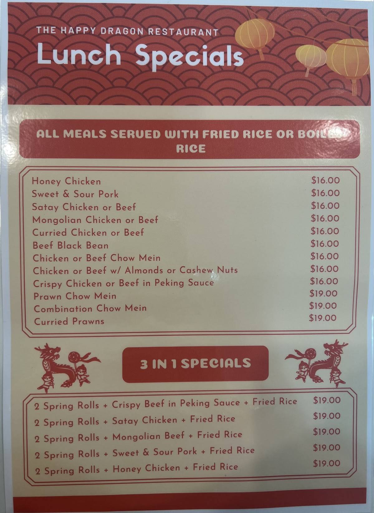 Menu at Happy Dragon Restaurant, Griffith