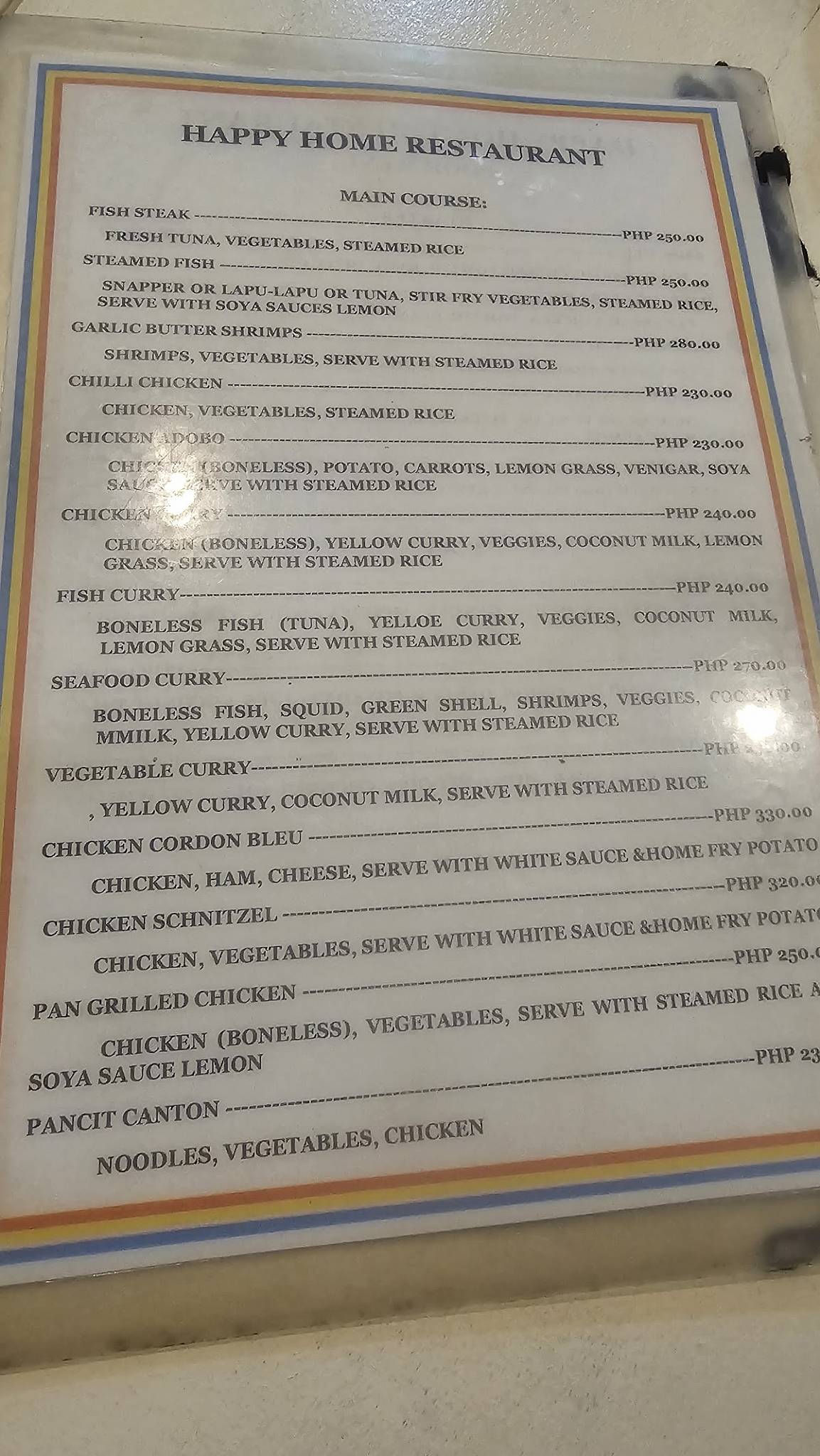 Menu at Happy Home Restaurant, El Nido, Barangay