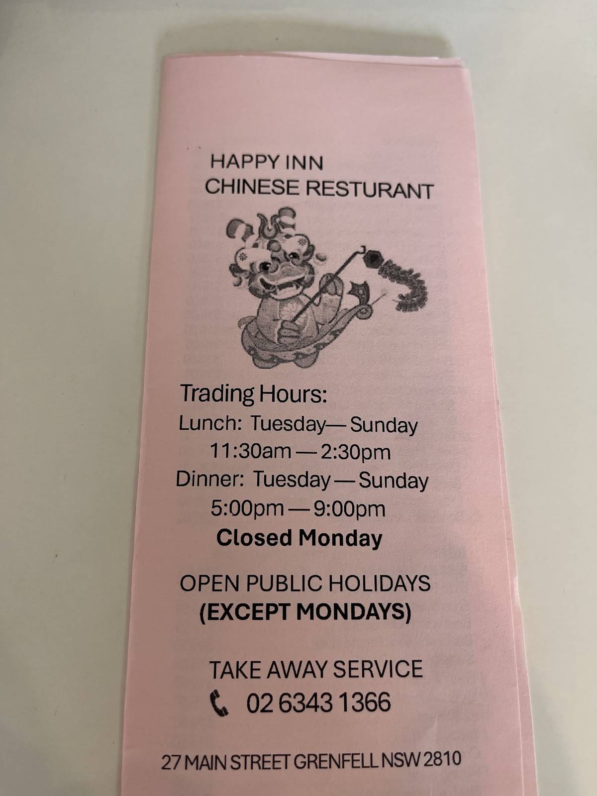 Menu at Happy Inn Chinese Restaurant, Grenfell