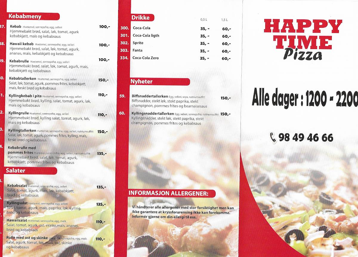 Menu at Happy Time Søm restaurant, Kristiansand