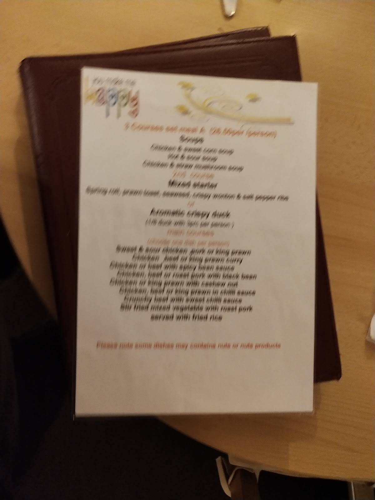 Menu at Happy Valley restaurant, York