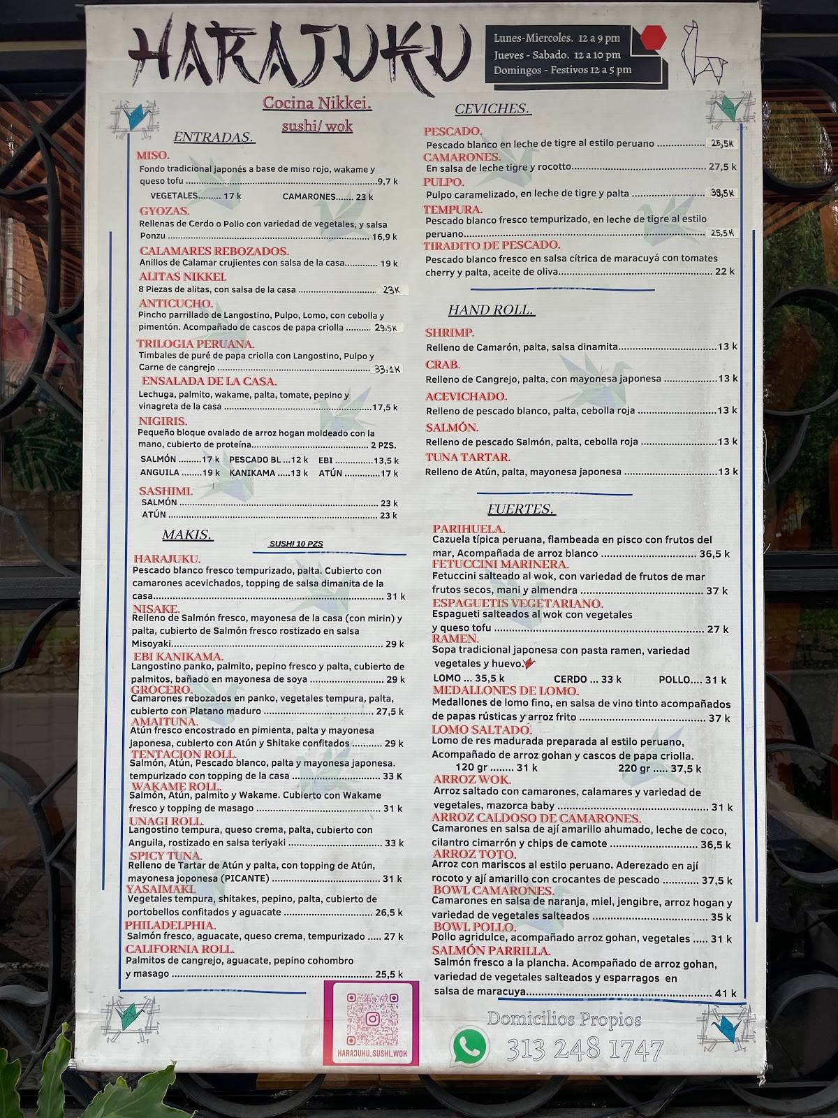 Carta del restaurante Harajuku cocina nikkei, Bogotá