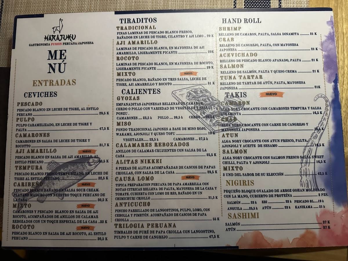Carta del restaurante Harajuku cocina nikkei, Bogotá