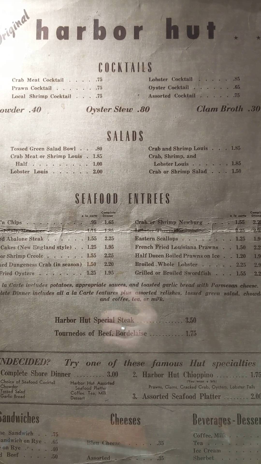 Menu at Harbor Hut steakhouse, Morro Bay