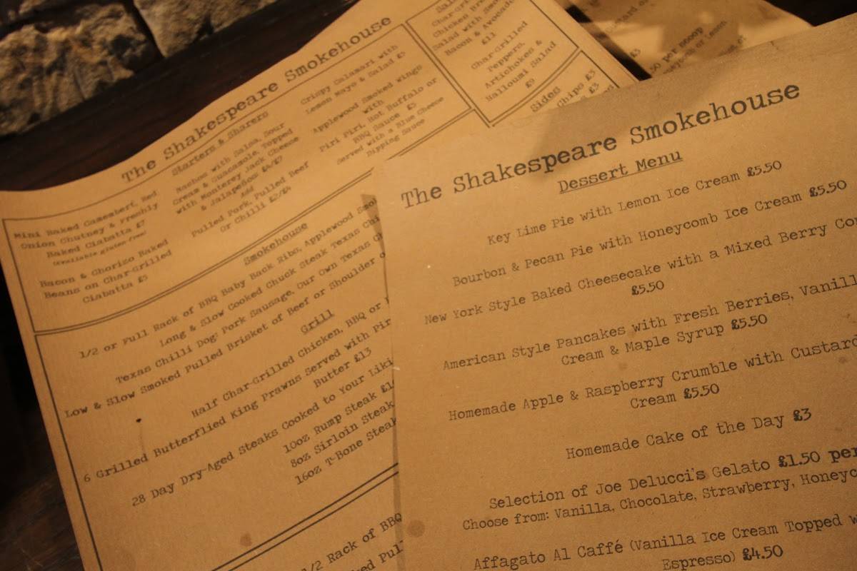 Menu at The Shakespeare Inn pub & bar, Royal Leamington Spa, Mill St