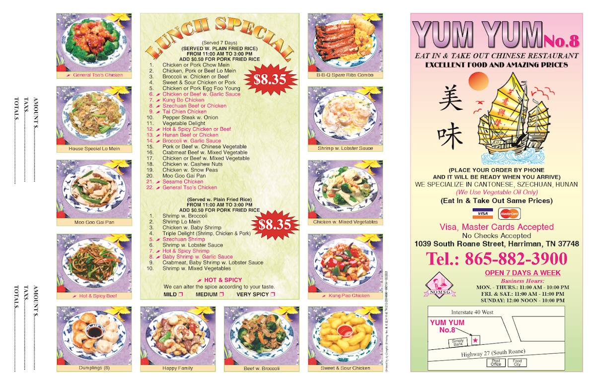 Menu at Yum Yum restaurant, Harriman
