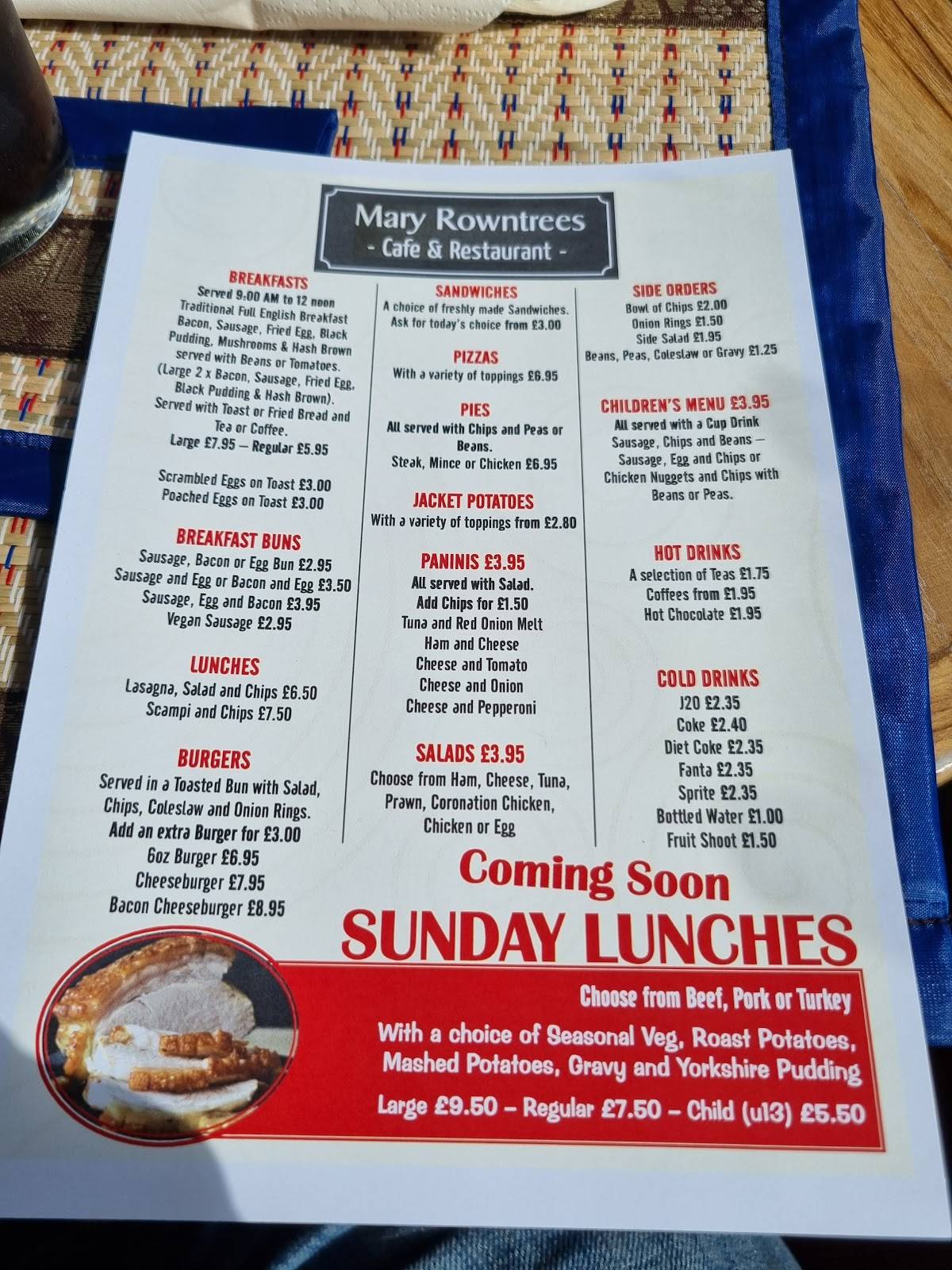 Menu at Mary Rowntrees Cafe and restaurant Thai, Hartlepool