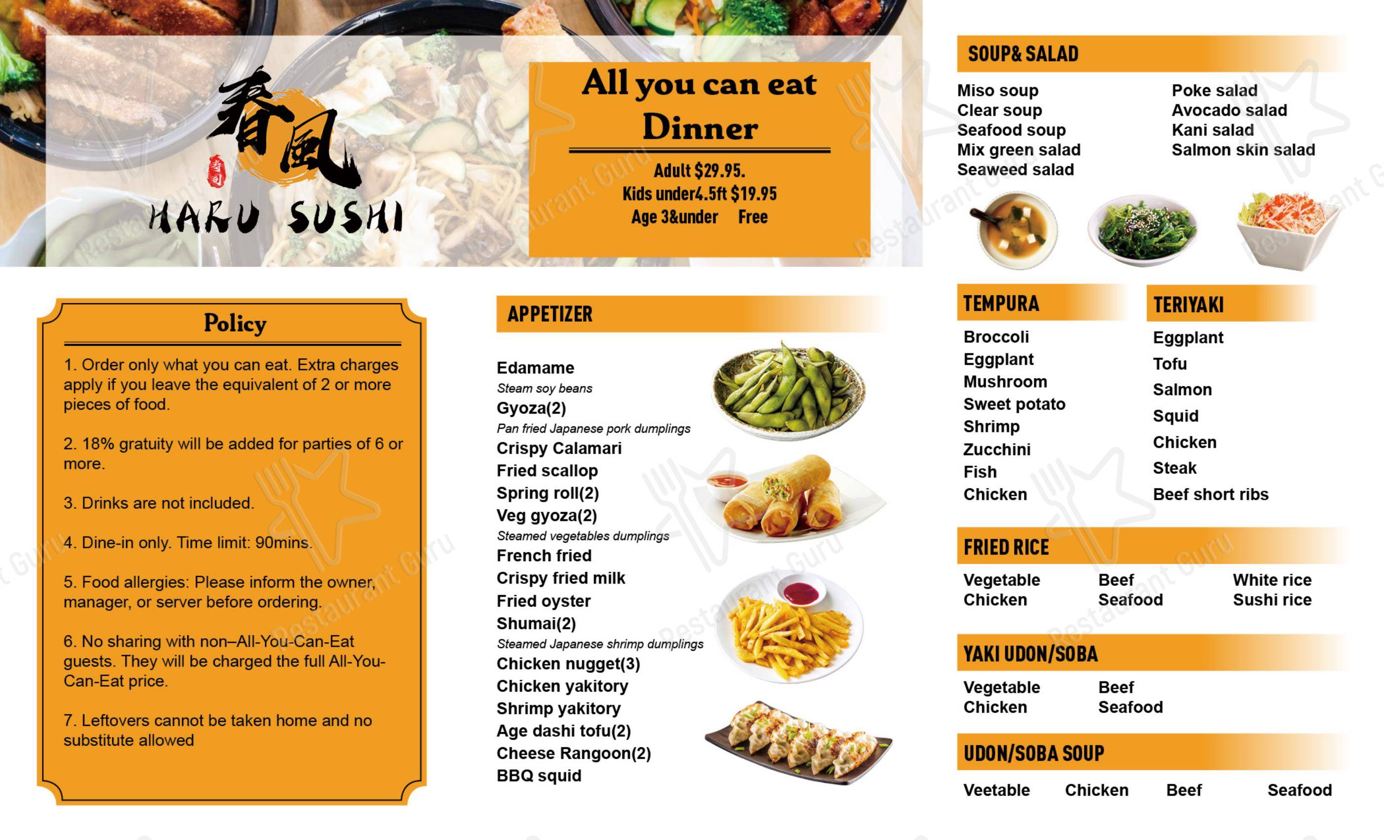 Menu at Haru Sushi restaurant, Williamsburg