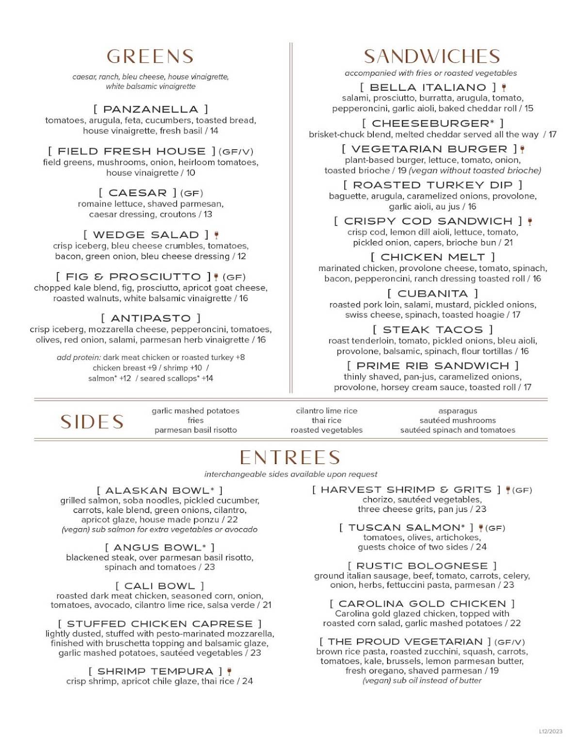 Menu at Harvest Restaurant & Bar, The Villages