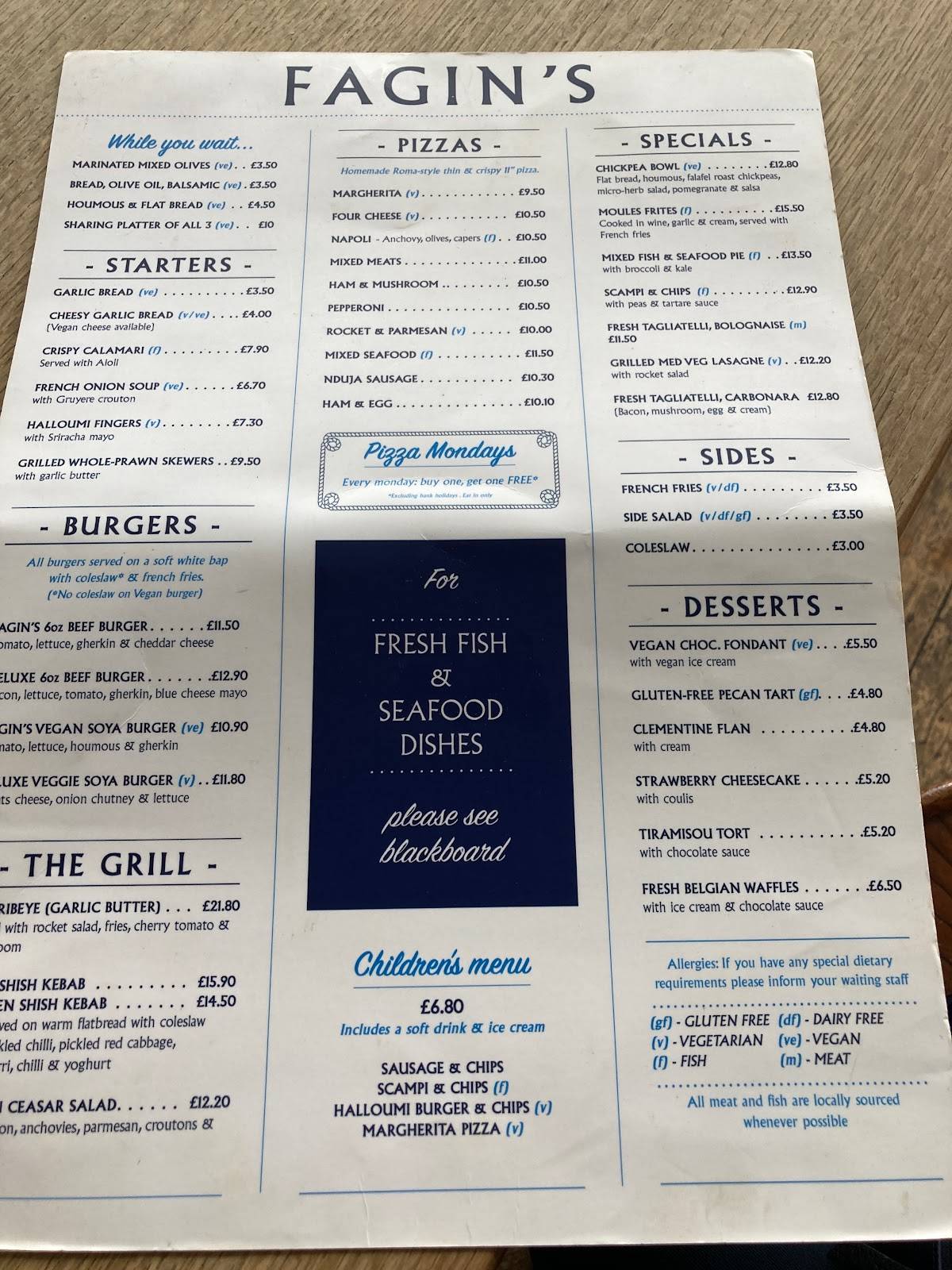 Menu at Fagin's restaurant, Hastings