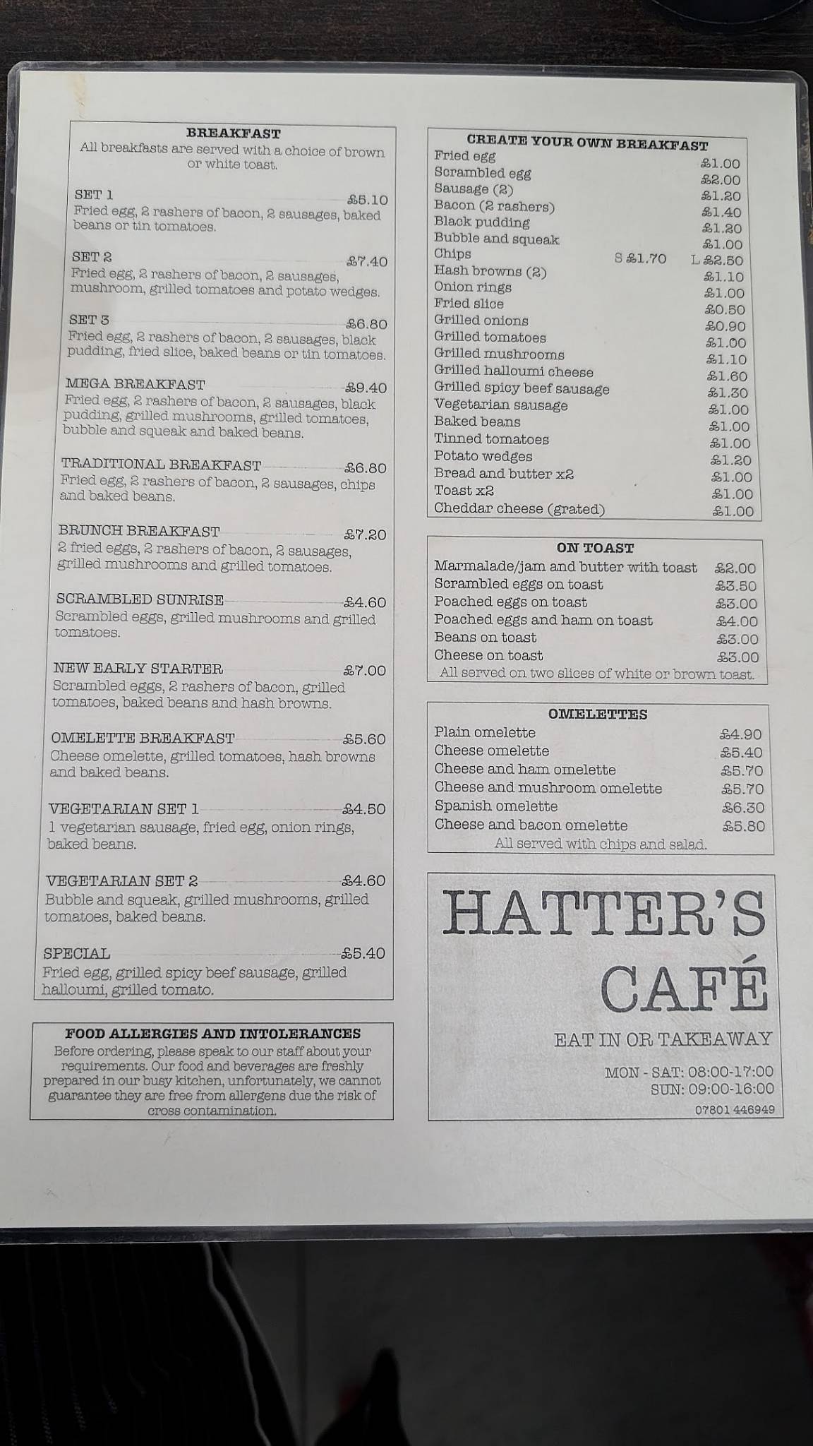 Menu at Hatters Cafe, Hitchin