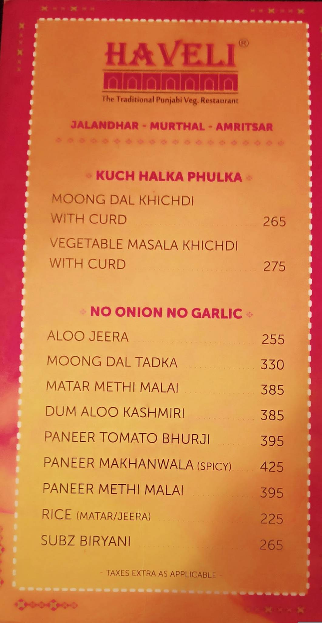 Menu at Haveli, Amritsar, 11