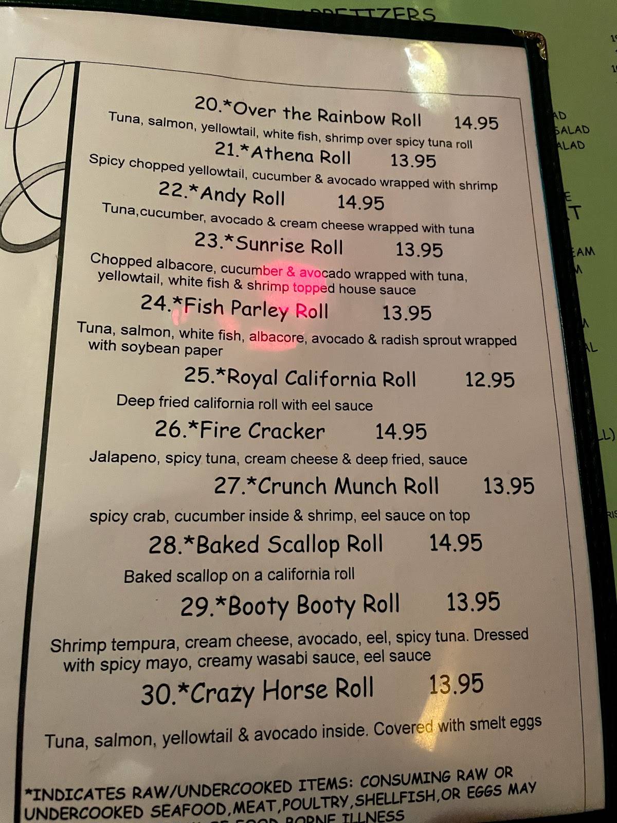 Menu at Hayashi Hibachi steakhouse, Goodyear