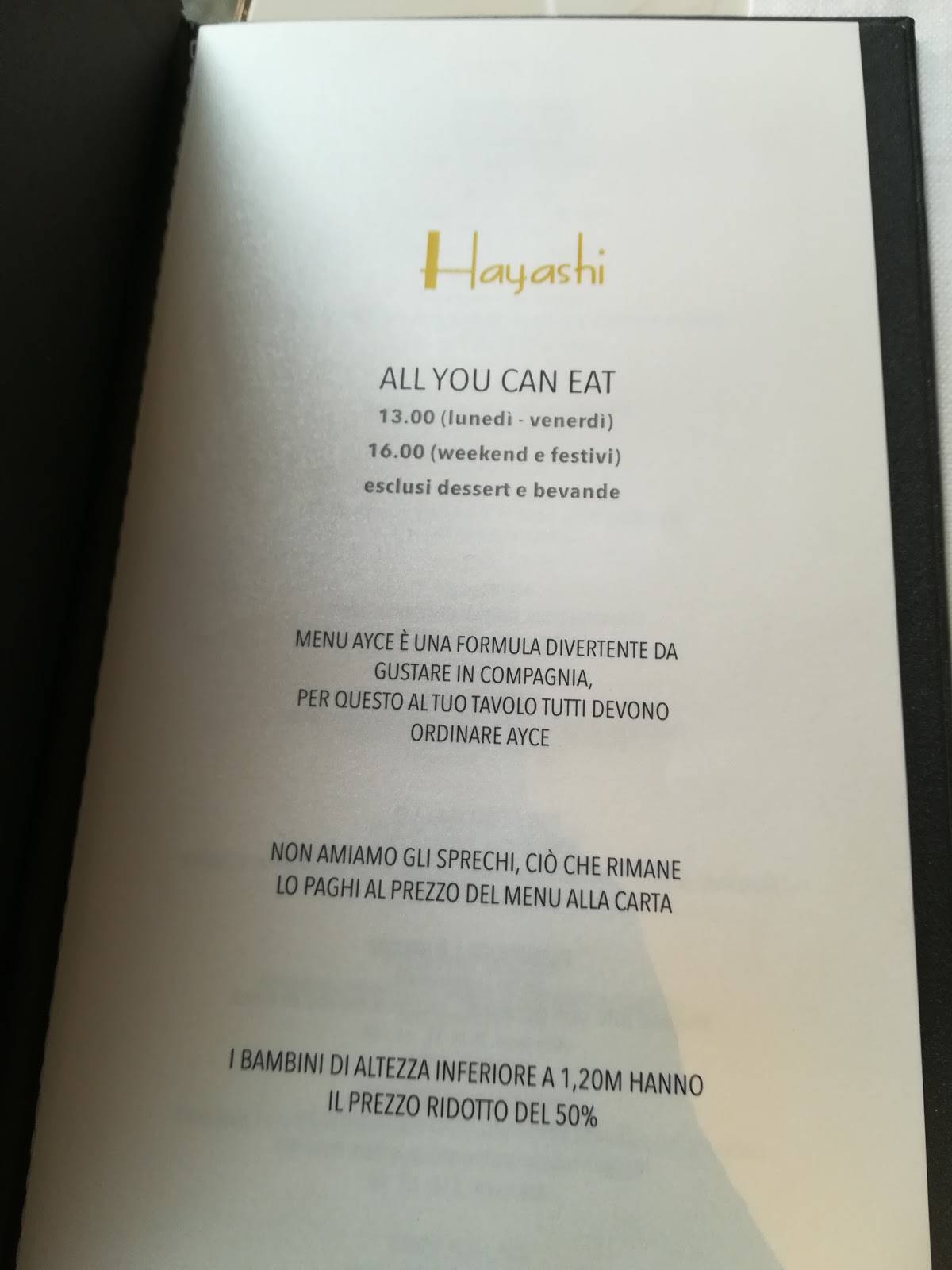 Menu da Ristorante HAYASHI, Pavia