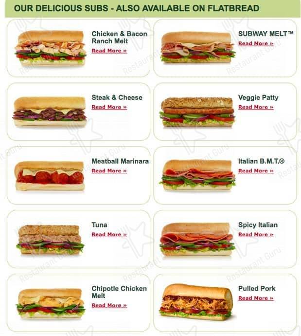 Menu at Subway fast food, London, 15 East Ave