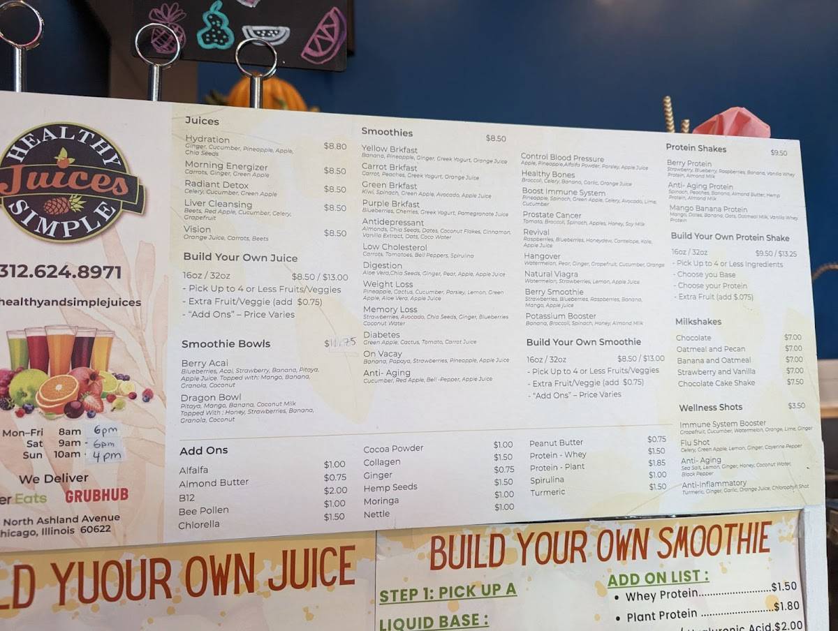 Menu at Healthy and Simple Juices pub & bar, Chicago