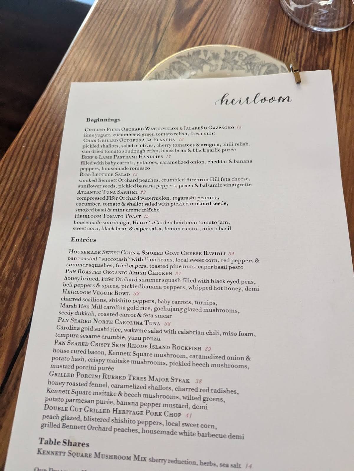 Menu at Heirloom restaurant, Lewes