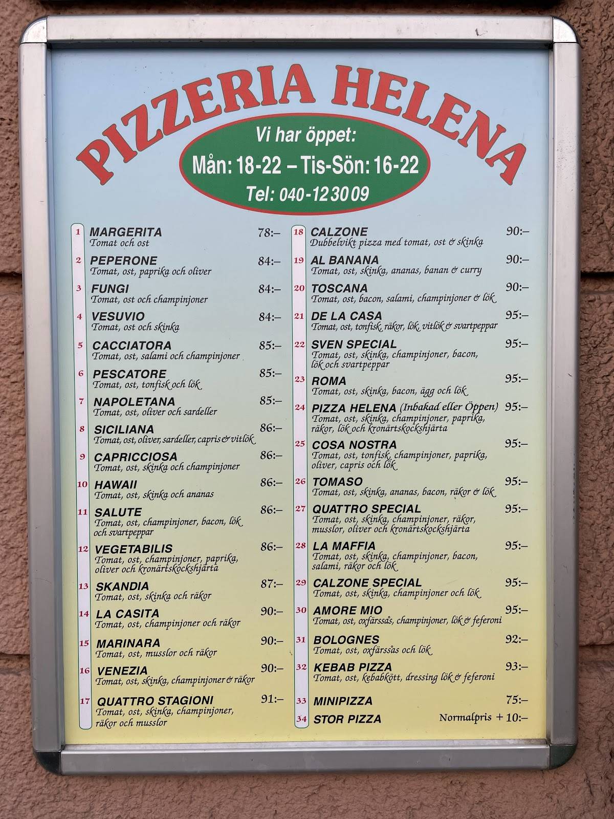 Menu at Helena pizzeria, Malmö, Henrik Smithsgatan 2
