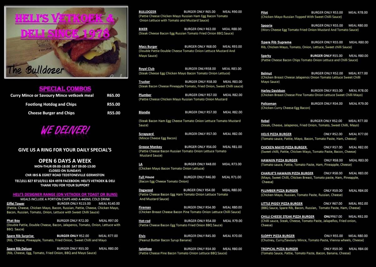 Menu at Heli's Vetkoek restaurant, Germiston