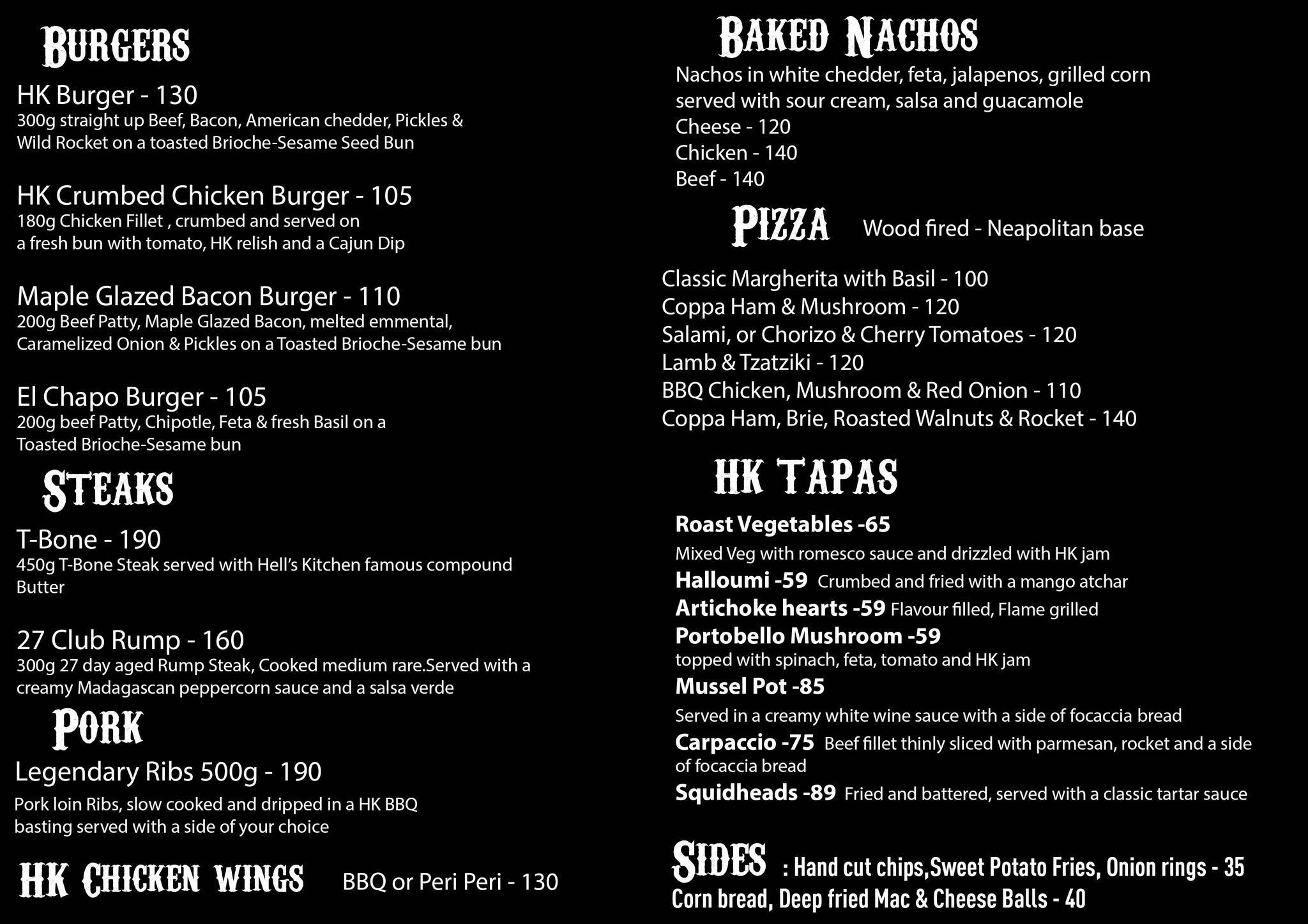 Menu at Hell's Kitchen restaurant, Johannesburg