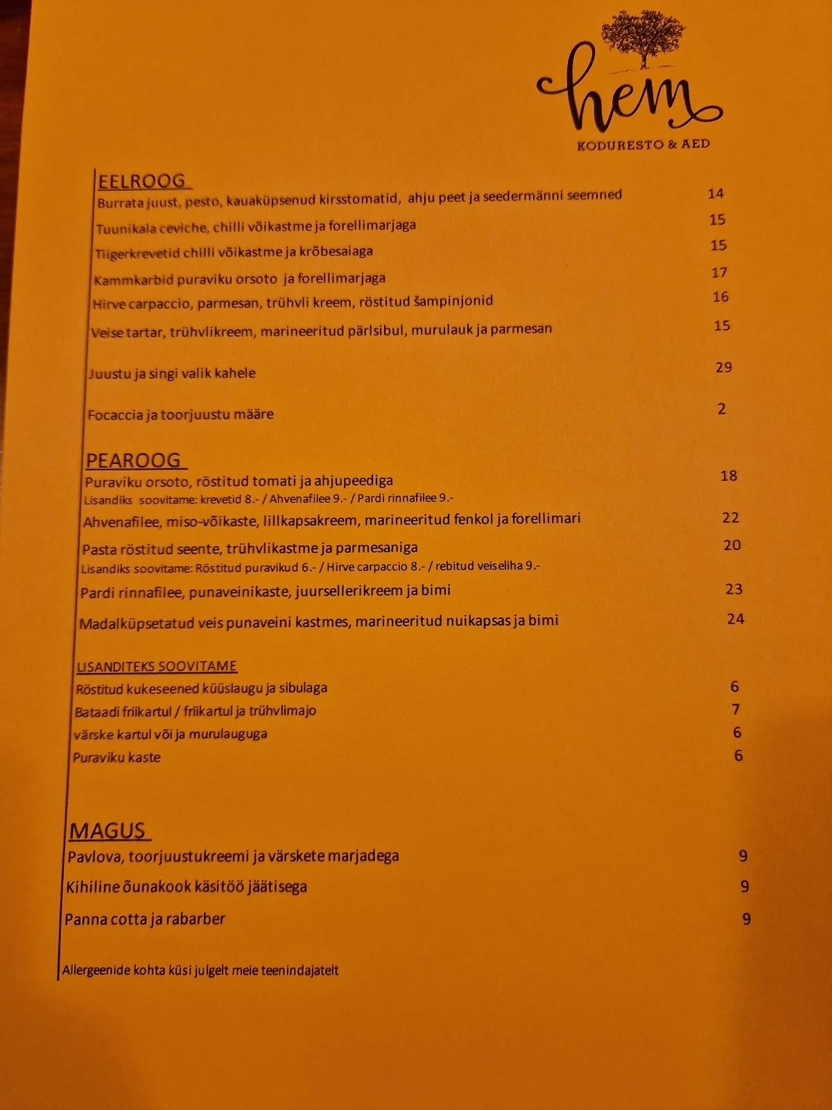 Menu at Hem koduresto & aed restaurant, Tallinn