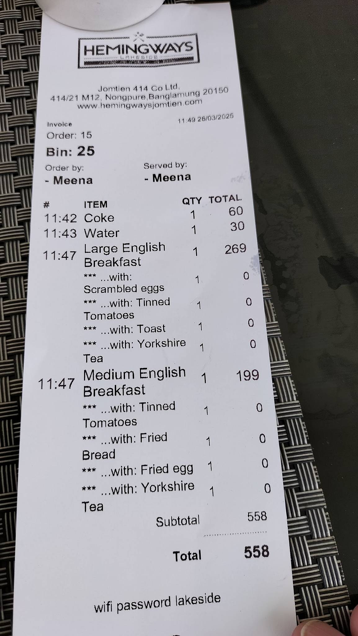 Menu at Hemingways (Lakeside) Restaurant & Bar, Pattaya City