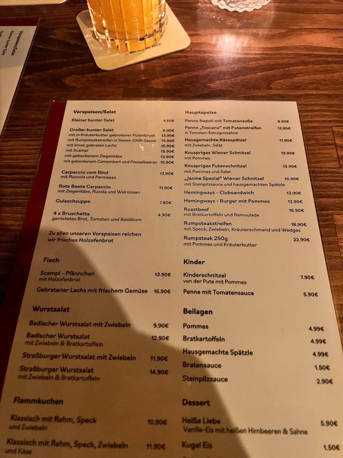 Speisekarte Von Hemingway Restaurant – KSMF