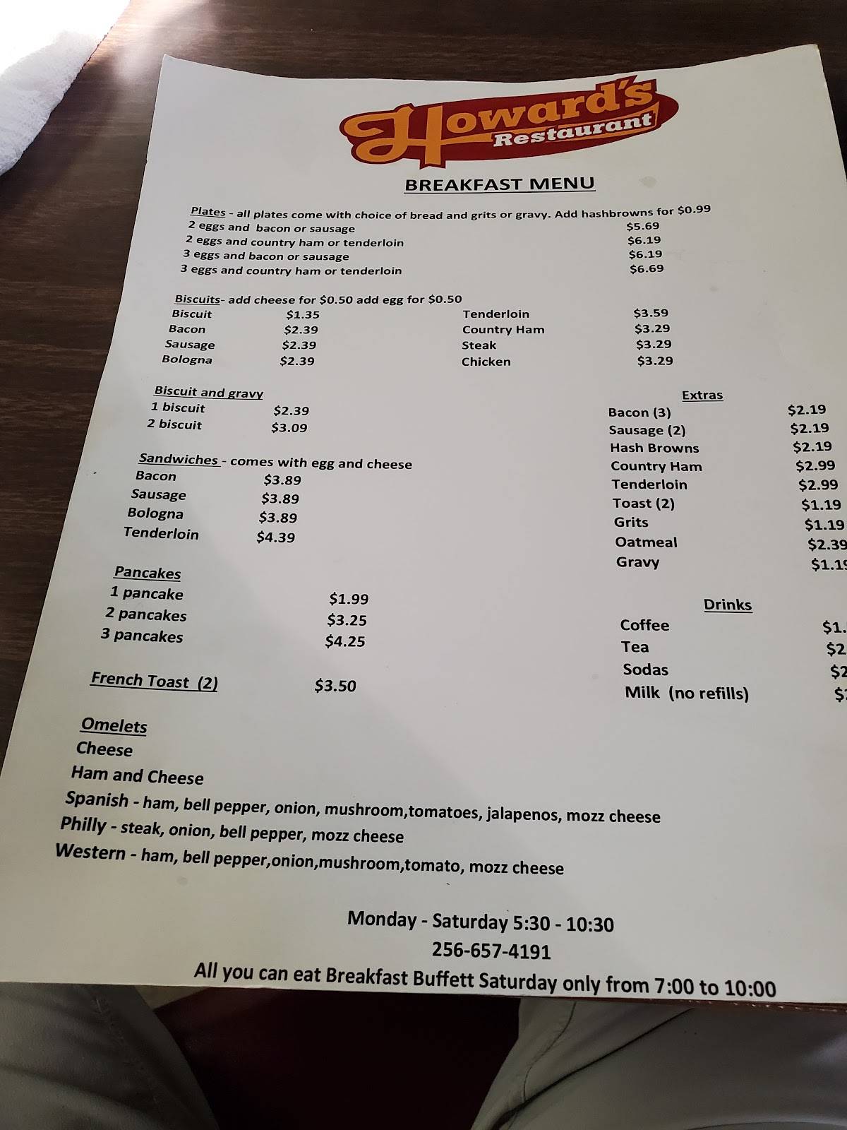 Menu at Howard's restaurant, Henagar, AL-75