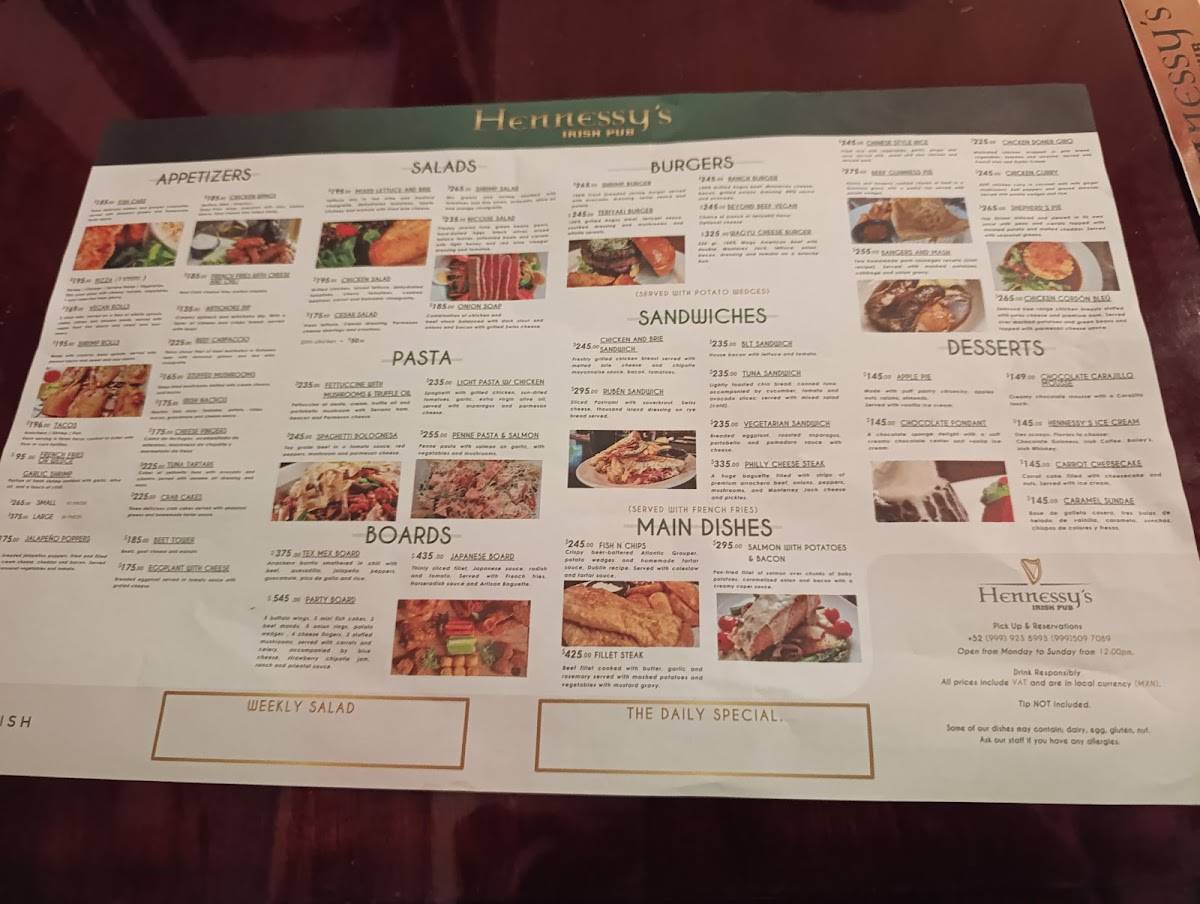 Menu at Hennessys Irish Pub, Merida