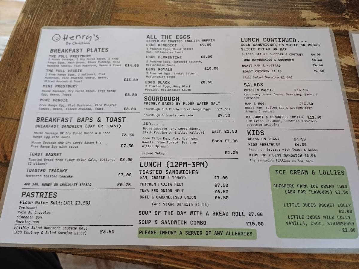 Menu at Henry's Cafe, Prestbury