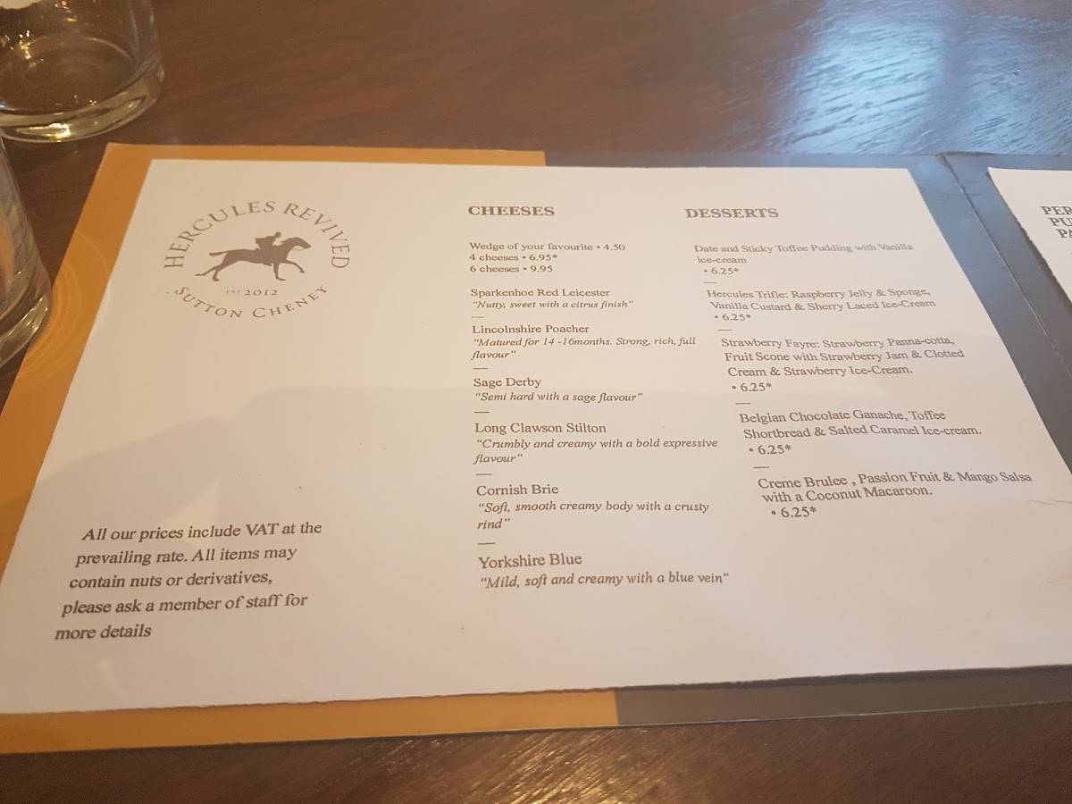Menu at Hercules Revived pub & bar, Sutton Cheney