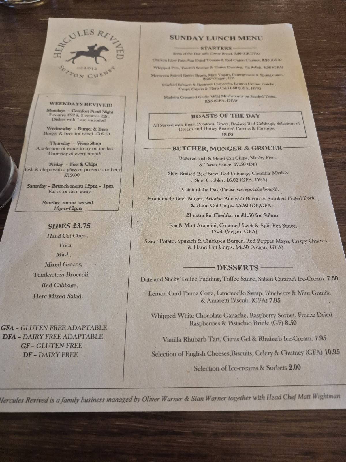 Menu at Hercules Revived pub & bar, Sutton Cheney