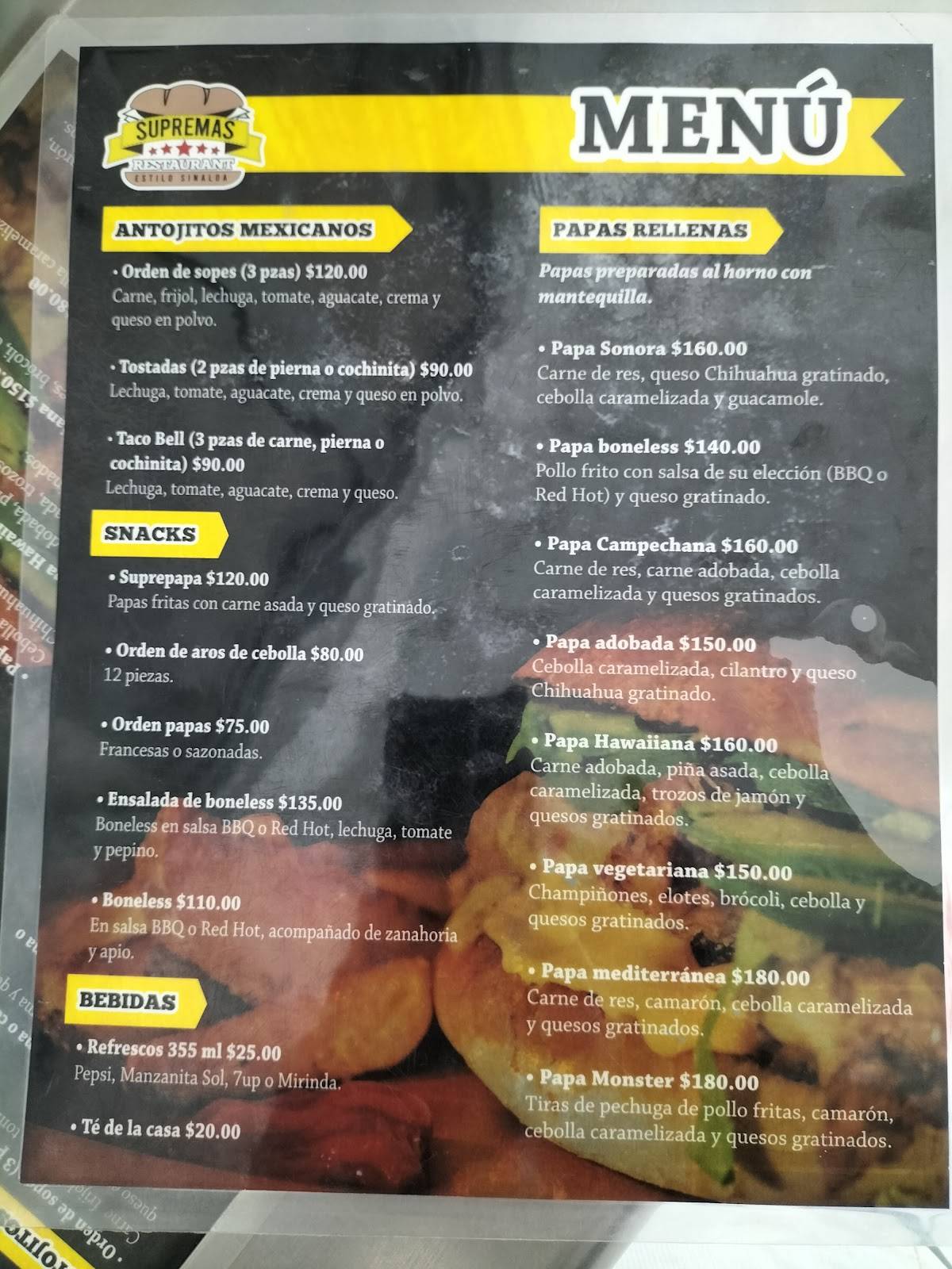 Carta del restaurante Tortas Supremas Estilo Sinaloa, Hermosillo